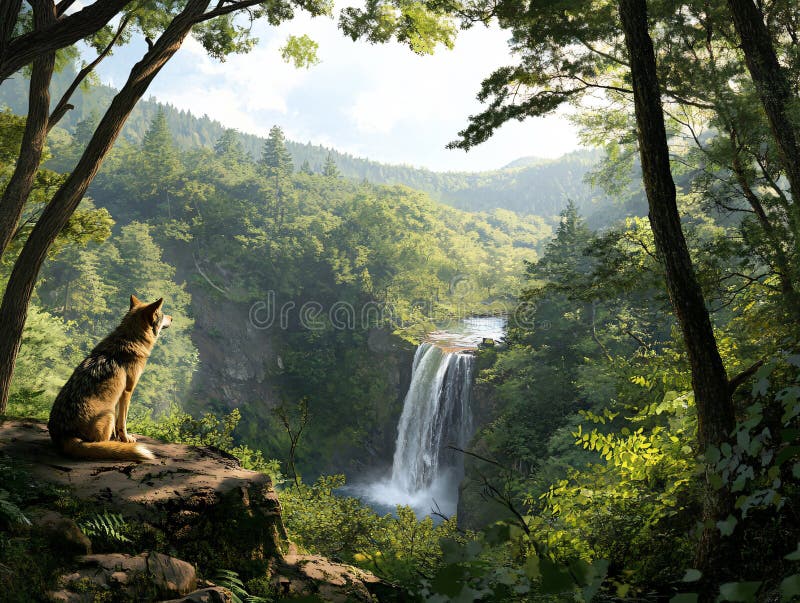 A Wolf Standing Gazing at a Tranquil Waterfall in a Dense Forest. Stock ...