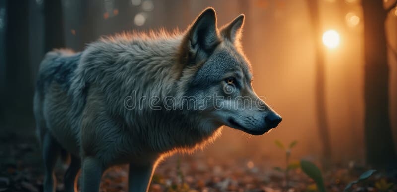 A Wolf Standing in the Middle of a Forest at Sunset Stock Photo - Image ...
