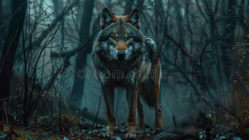 A Wolf Standing in the Middle of a Forest with Trees and Bushes, AI ...