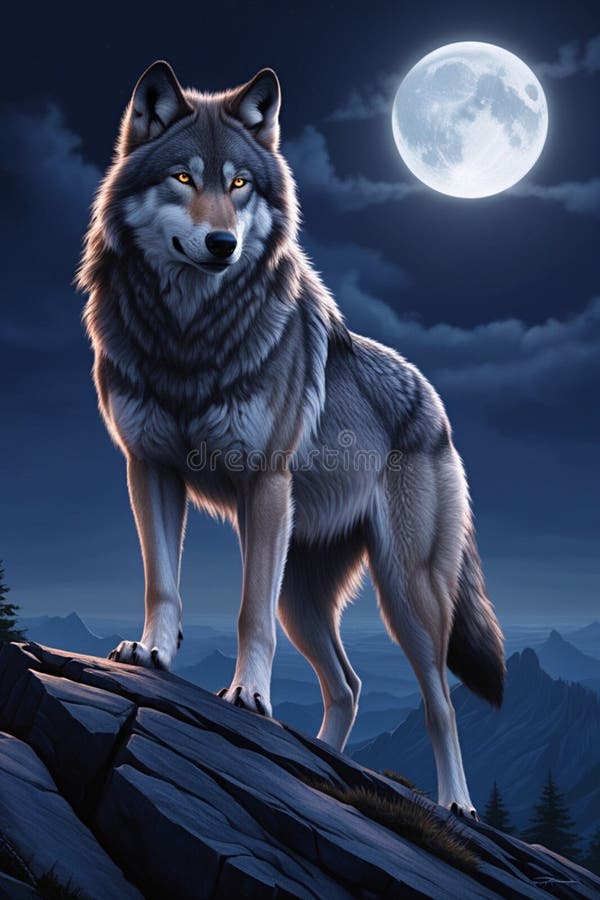 Wolf Standing on Mountain Peak Under a Full Moon. Stock Illustration - Illustration of coyote ...