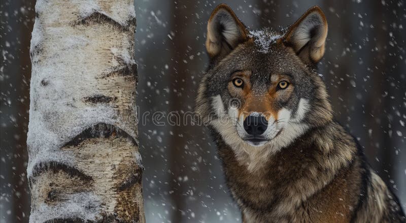 A Wolf Standing Next To a Tree in the Snow Stock Image - Image of ...