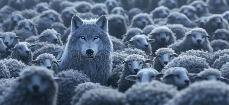 Wolf Standing Out among a Crowd of Sheep in a Serene Blue-toned ...