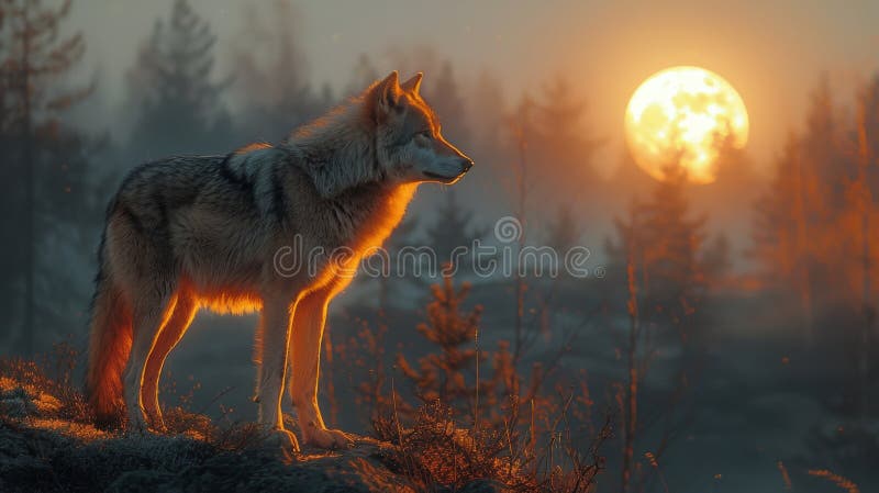 Wolf Standing on Rock in Front of Full Moon Stock Image - Image of ...