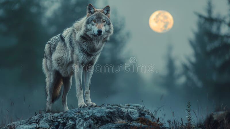 Wolf Standing on Rock in Front of Full Moon Stock Image - Image of ...