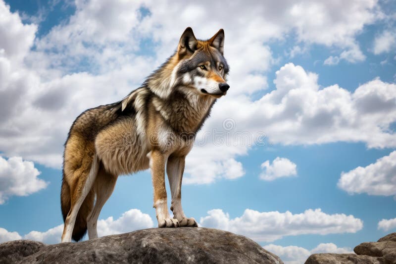 Wolf is Standing on Rock Looking into the Sky. Generative AI Stock ...