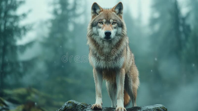 A Wolf Standing on a Rock in the Woods, AI Stock Image - Image of wolf ...