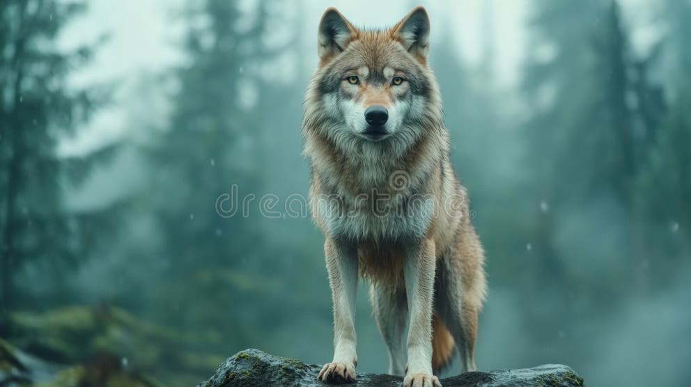 A Wolf Standing on a Rock in the Woods, AI Stock Image - Image of wolf ...