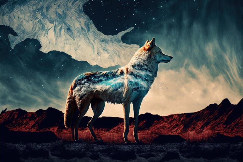 A Wolf Standing on a Rocky Mountain Top Under a Cloudy Sky with Stars ...