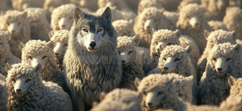 Wolf Standing among Sheep in a Surreal and Captivating Scene Stock ...