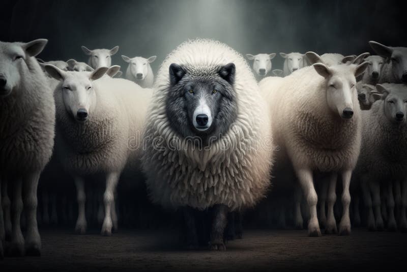 Wolf Standing between Sheeps, Created with Generative AI Technology ...