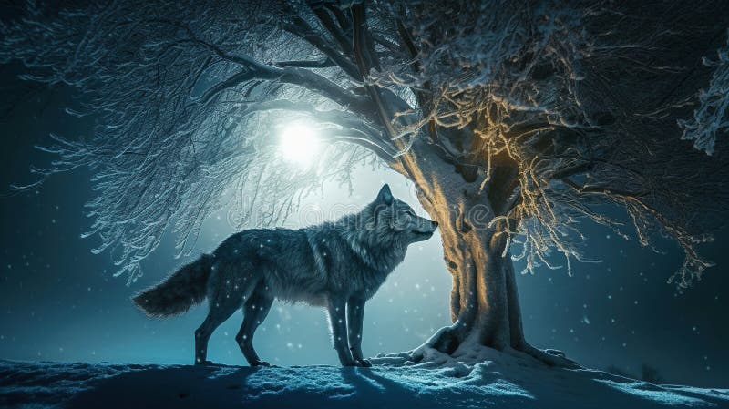 A Wolf Standing in the Snow Next To a Tree. AI Generative Image Stock ...