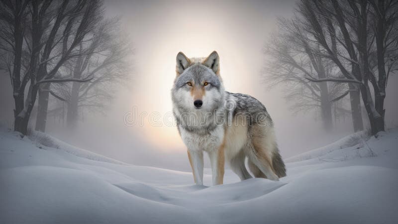 A Wolf Standing in the Snow with Trees Behind it, AI Stock Image ...