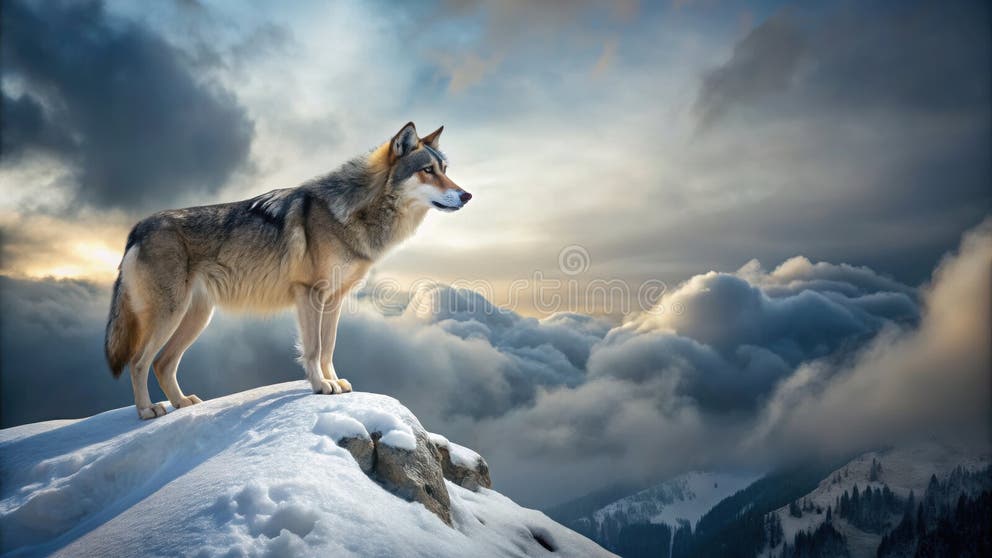 Wolf Standing on Snowy Cliff, Gazing at Dramatic Clouds Stock Photo ...