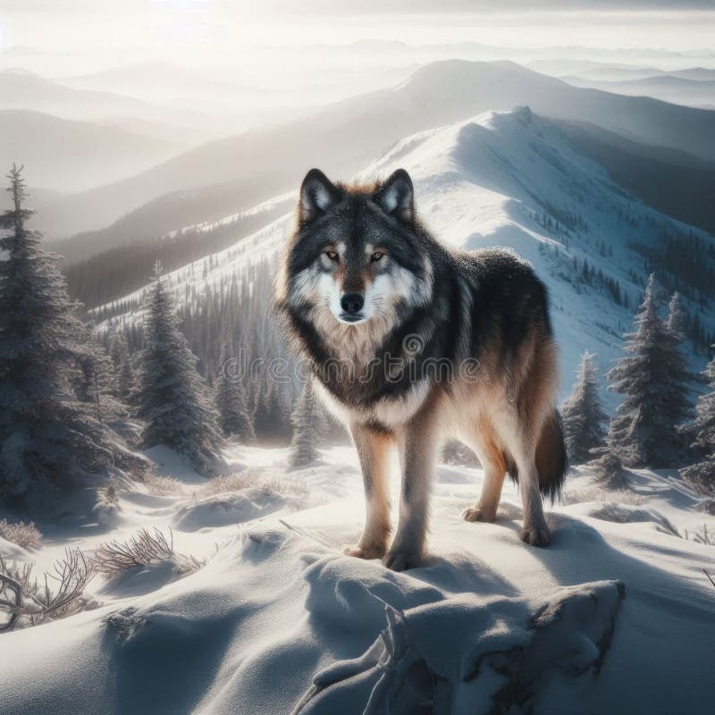 A Wolf Standing on a Snowy Ridge, with a Fierce and Commanding Presence ...