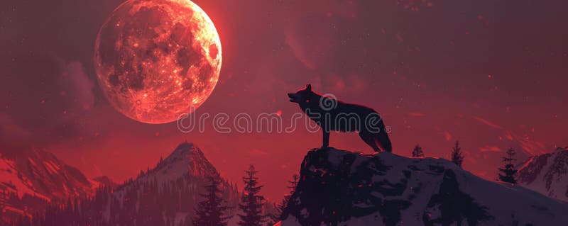 A Wolf Standing Tall on a Mountain Peak, Howling at the Blood Moon ...