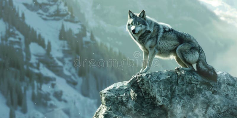 A Wolf Standing on Top of a Large Rock Stock Image - Image of prey ...