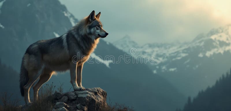 A Wolf Standing on Top of a Mountain Stock Image - Image of blue, tree ...