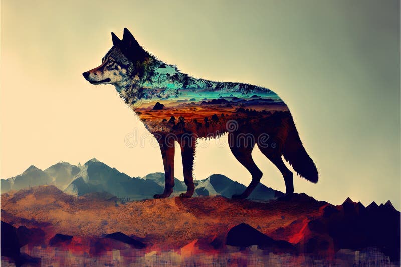 A Wolf Standing on Top of a Mountain with a Sky Background and ...