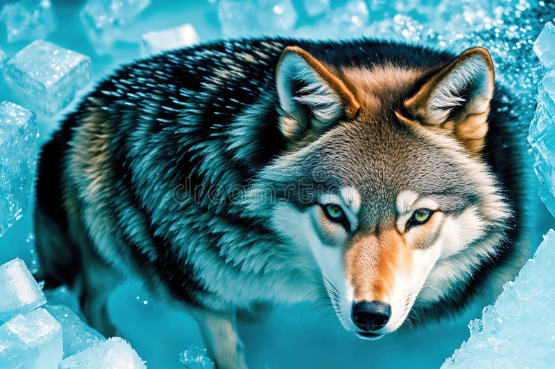 A Wolf Standing on Top of a Pile of Ice. Stock Photo - Image of water ...