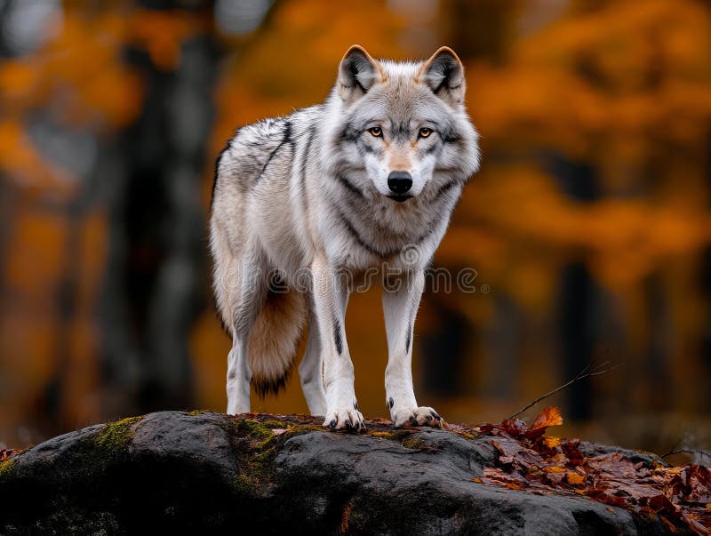 A Wolf Standing on Top of a Rock in the Woods Stock Photo - Image of ...