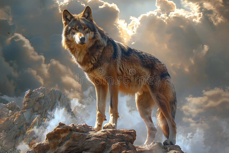 The Wolf Stands on a Cliff Behind Dark Clouds, High Quality, High ...