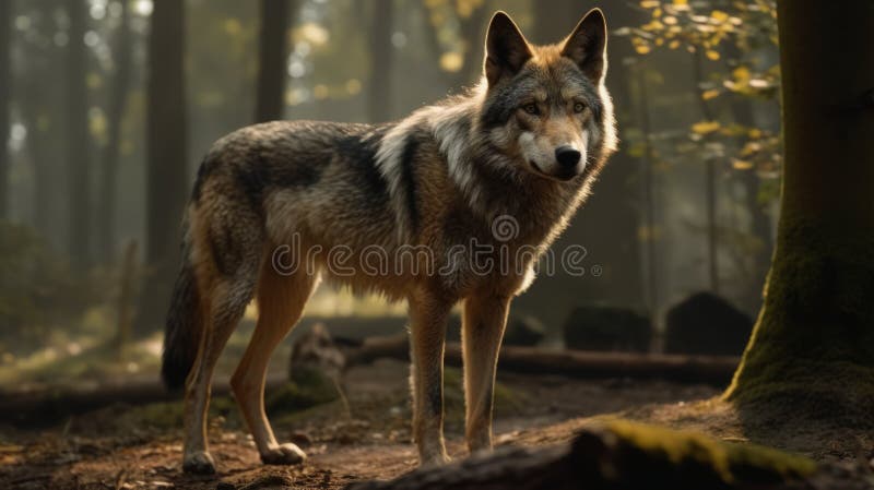 Wolf Stands in the Forest. Generative AI Stock Illustration ...