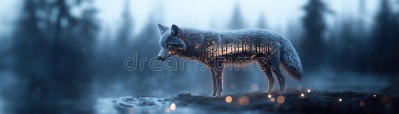 A Wolf Stands Illuminated by Moonlight, Its Form Semi-transparent ...