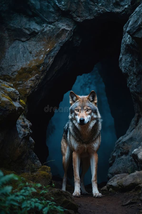 Majestic Wolf Standing in Dark Cave Entrance Stock Illustration ...