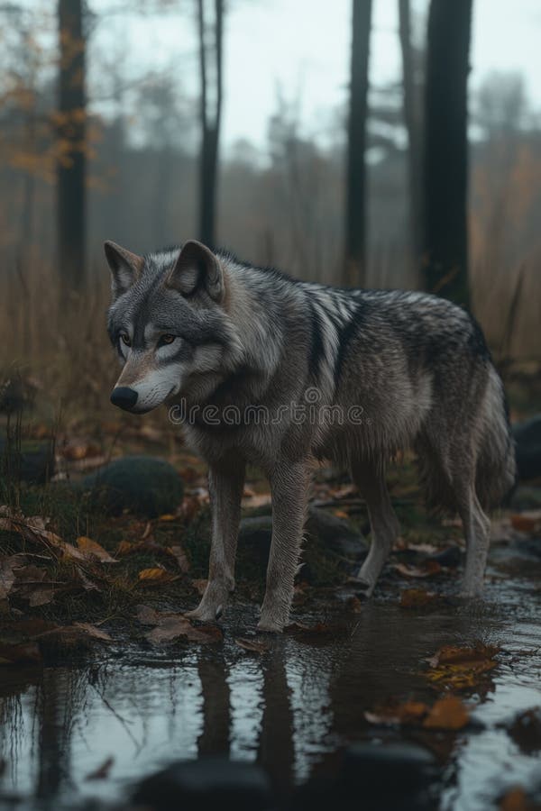 Wolf in puddle stock photo. Image of puddle, animal - 377346726