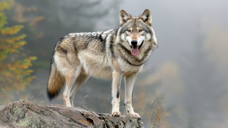 A Wolf Stands on a Rock with a Misty Forest Behind it at Dawn Stock ...