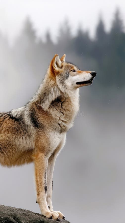 A Wolf Stands on a Rock with a Misty Forest Behind it at Dawn Stock ...