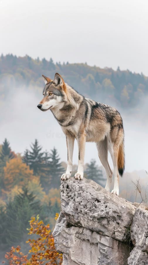 A Wolf Stands on a Rock with a Misty Forest Behind it at Dawn Stock ...
