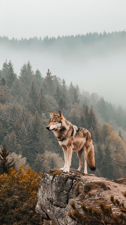 A Wolf Stands on a Rock with a Misty Forest Behind it at Dawn Stock ...