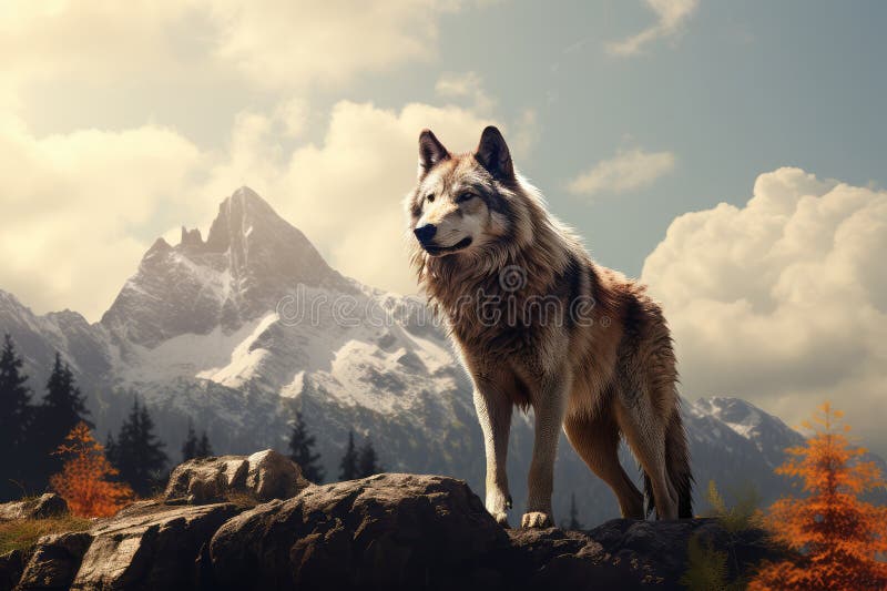 The Wolf Stands on the Rocks Against the Background of the Mountains ...