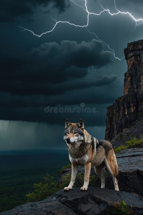 Majestic Wolf Standing on Rocky Peak during Dramatic Thunderstorm Stock ...