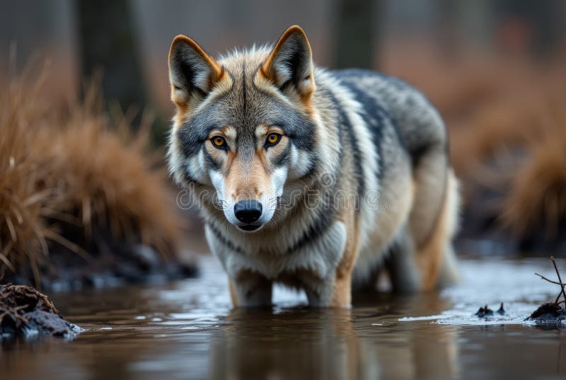 Wolf Standing in Stream with Focused Expression, AI-generated Stock ...