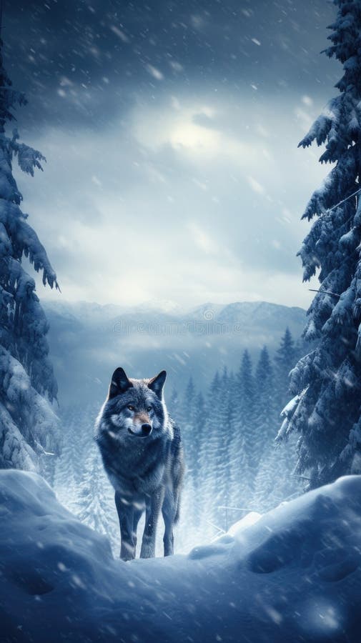 A Wolf Stands in the Snow in Front of Trees, AI Stock Illustration ...