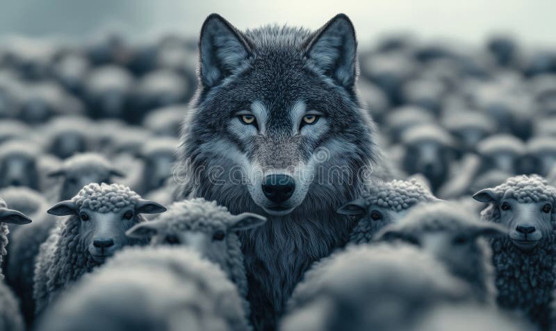 Wolf Staring Intently at Sheep in a Dense Flock Under Soft Light Stock ...