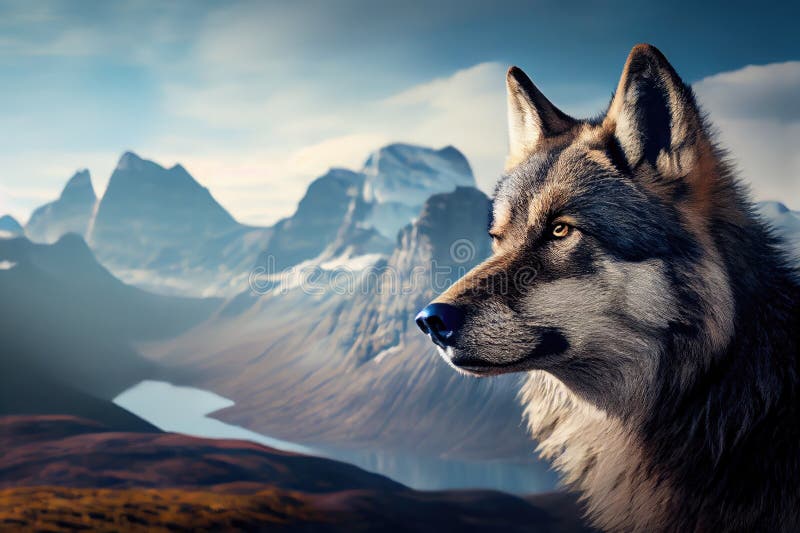 Wolf Staring Out Over Panoramic View of the Surrounding Mountain Range ...