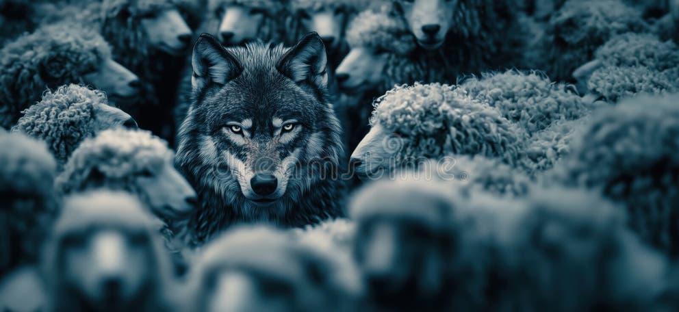 Wolf Staring at Sheep in a Dramatic Monochrome Scene of Nature S ...