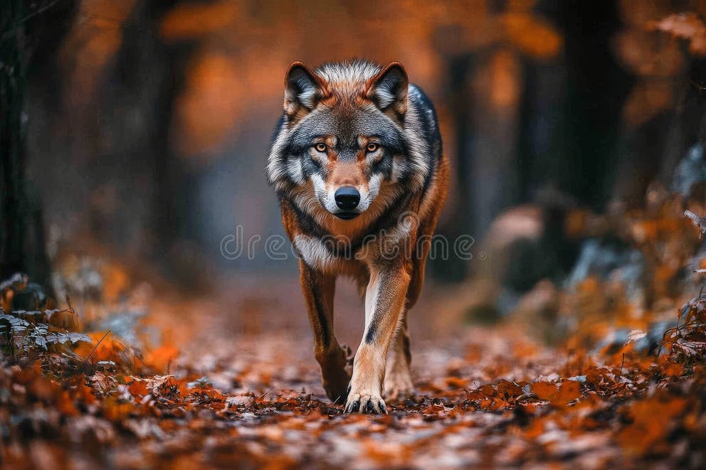 A Wolf Strides Alone Along a Forest Path, Its Teeth Visible Stock Image ...