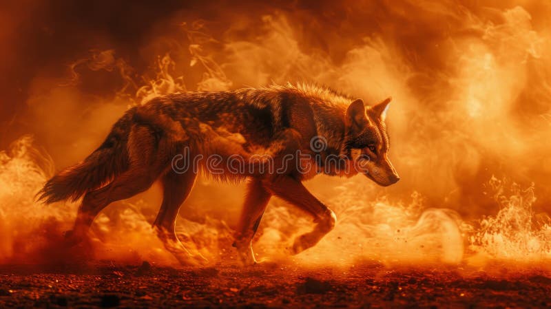 A Wolf Walking through Flames in a Dramatic, Fiery Landscape at Dusk ...