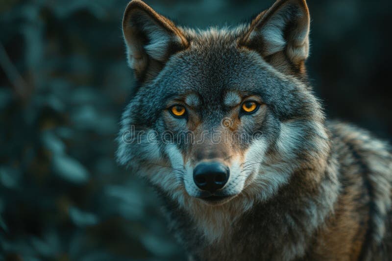 Wolf with Striking Amber Eyes Stands Alert in a Dense Forest during ...