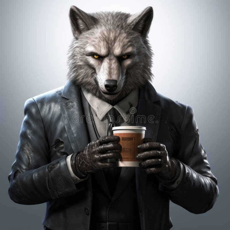 Wolf in a Suit Holding a Coffee Cup: Photorealistic Renderings and ...