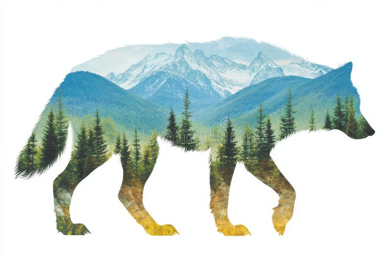 A Wolf Superimposed Over a Tranquil Mountain and Forest Scene Stock ...