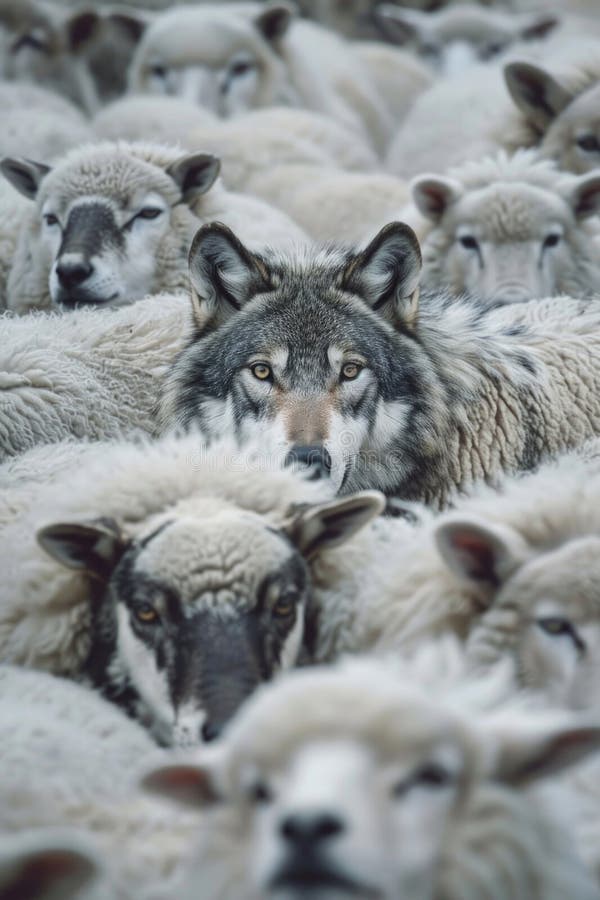 A Wolf Surrounded by a Herd of Sheep. Can Be Used for Concepts of ...