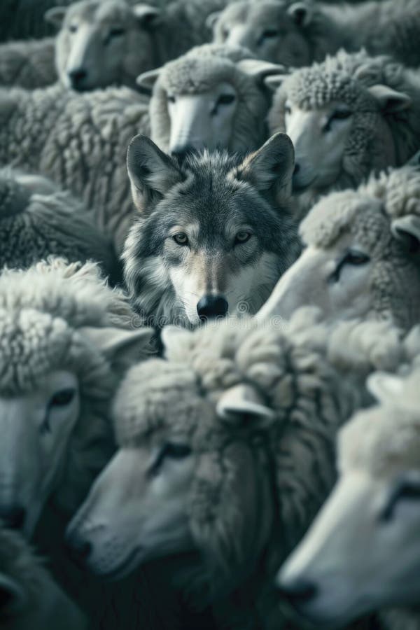A Wolf Surrounded by a Herd of Sheep. Ideal for Illustrating the ...