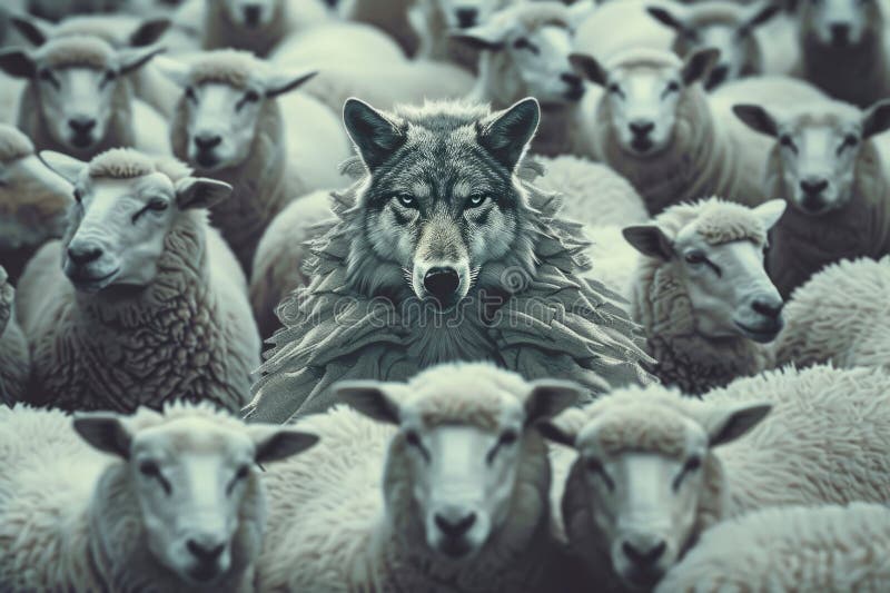 A Wolf Surrounded by a Herd of Sheep. Ideal for Illustrating the ...