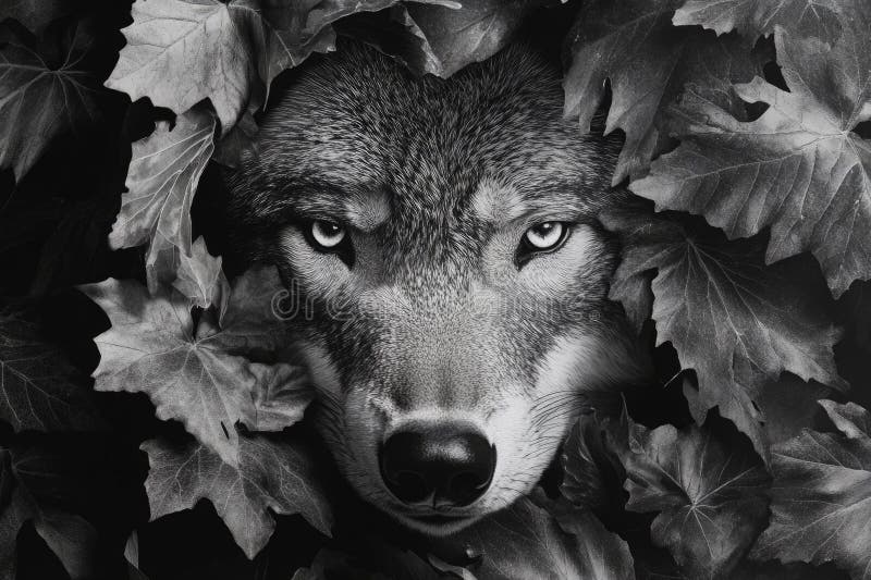Wolf surrounded by leaves stock photo. Image of fauna - 379461588