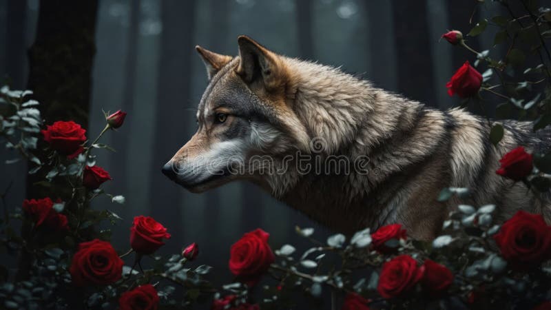 Majestic Wolf Amidst Crimson Roses in Dark Forest Stock Illustration ...